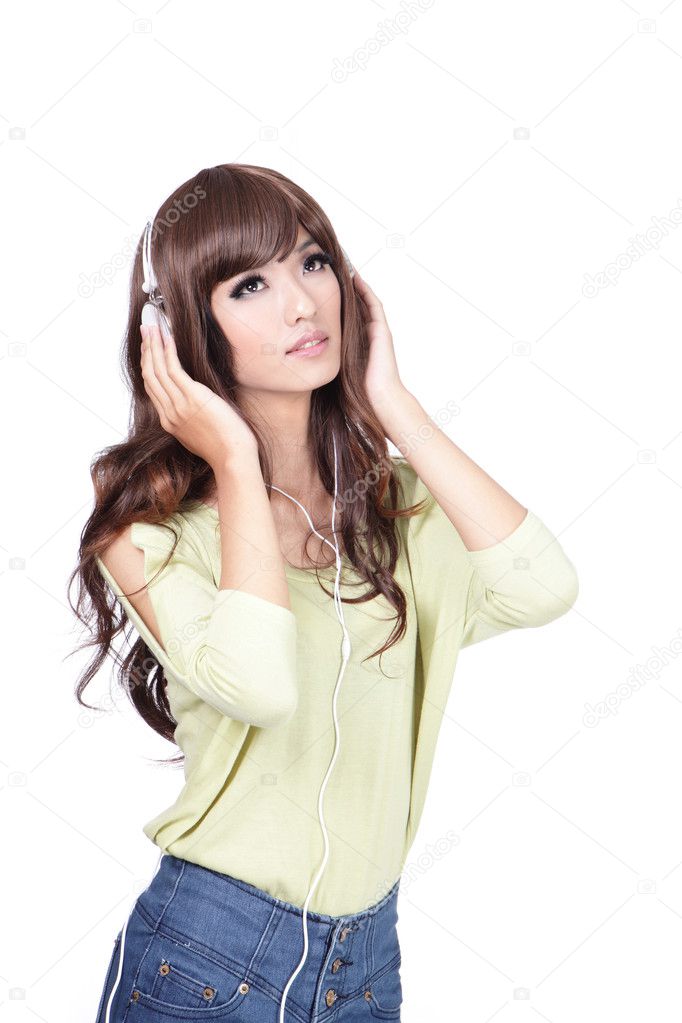 Young girl happy listen music with smile face — Stock Photo ...
