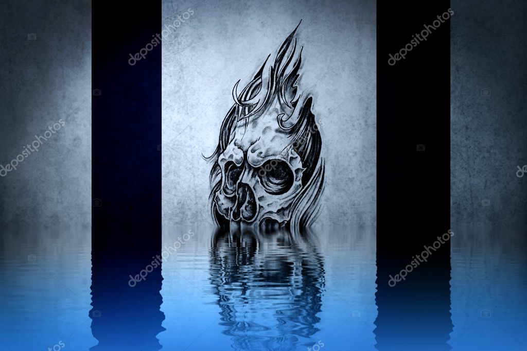 Fantasy drawing of a devil dirty blue background, with reflectio ...