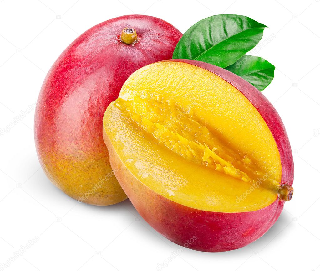 Mango with cut and green leafs isolated on white Stock Photo by ©utima ...