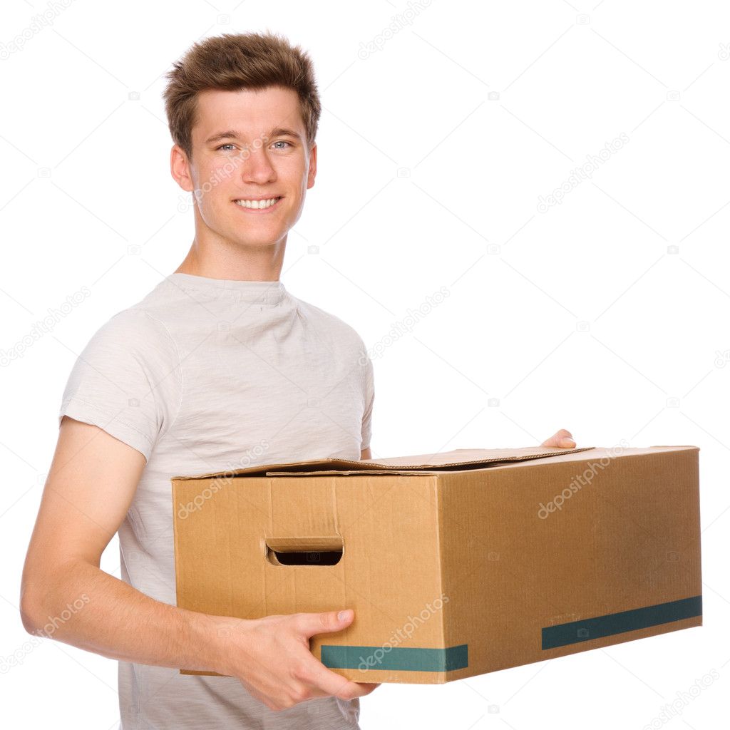 Young man with cardboard — Stock Photo © PicterArt #9304141