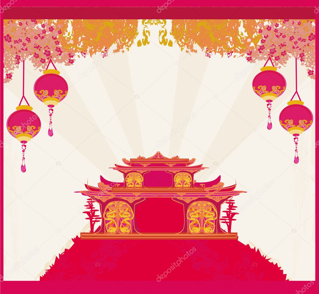 Old paper with Asian Landscape and Chinese Lanterns - vintage japanese ...