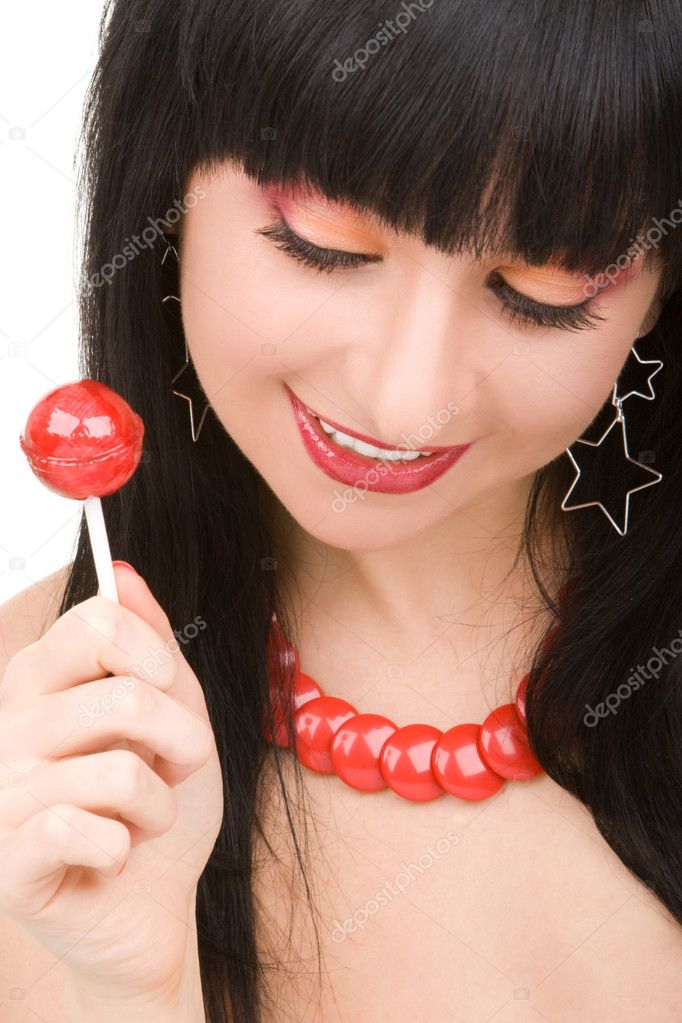 Sweet woman with candy on white background ⬇ Stock Photo, Image by ...