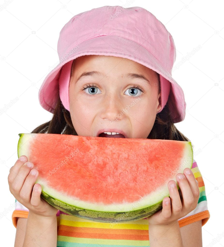 Adorable girl eating watermelon Stock Photo by ©Gelpi 9436335
