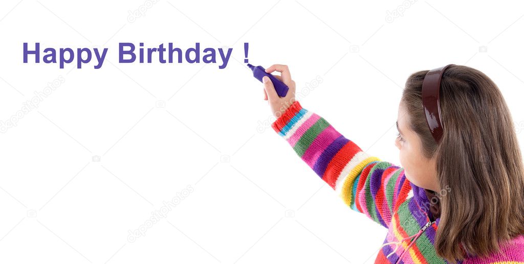 Adorable girl writing with fluorescent Happy Birthday — Stock Photo ...