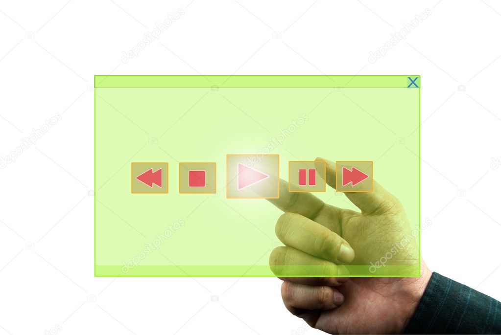 Hand pressing music play button on virtual screen — Stock Photo ...