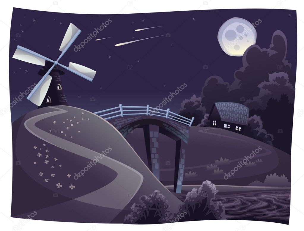 Countryside with windmill in the night. ⬇ Vector Image by © ddraw ...