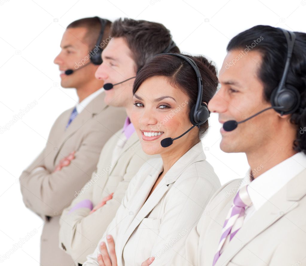 Assertive customer service representatives standing in a row Stock ...