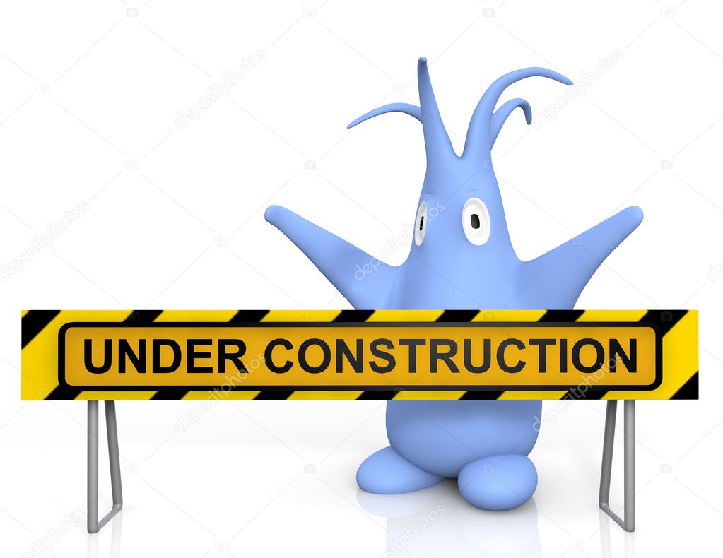 Cute blue monster and under construction sign — Stock Photo ...