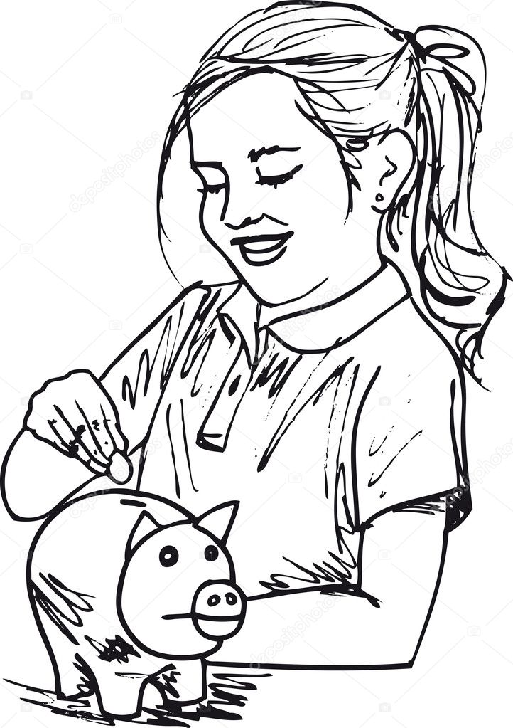 Dibujo de una niña linda con alcancía, ilustración vectorial — Vector ...