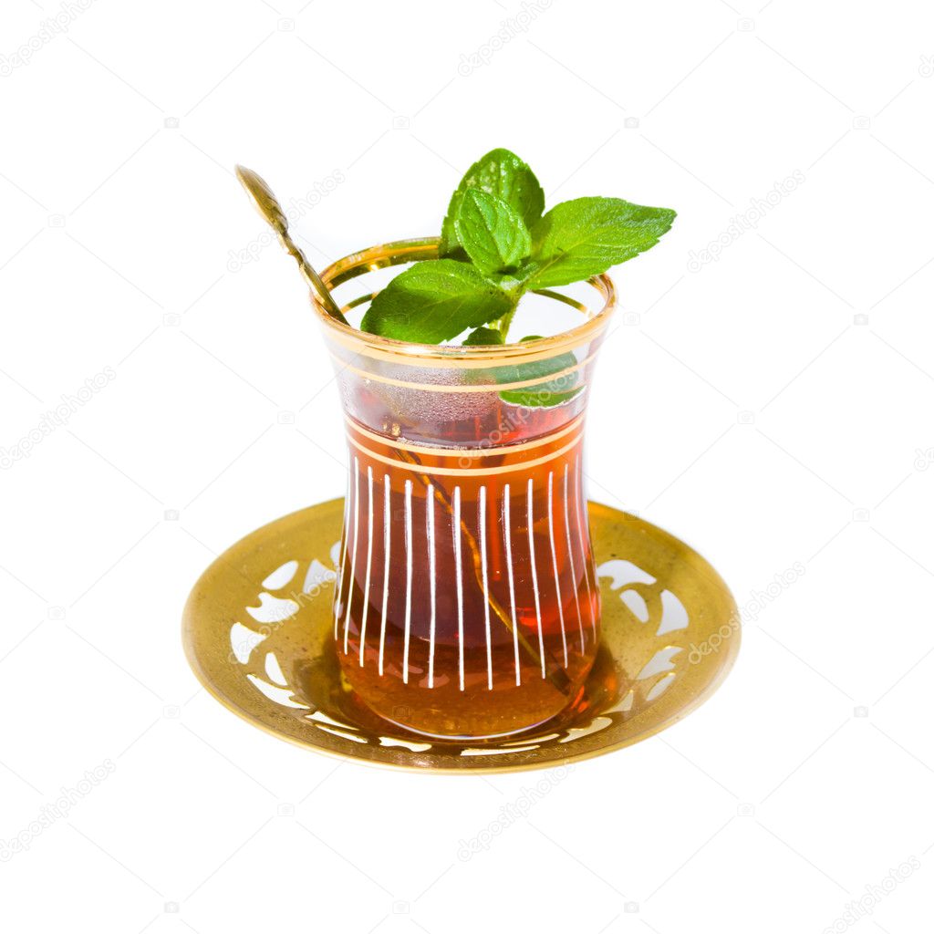 Arabian tea in oriental tea set with mint leaves — Stock Photo ...